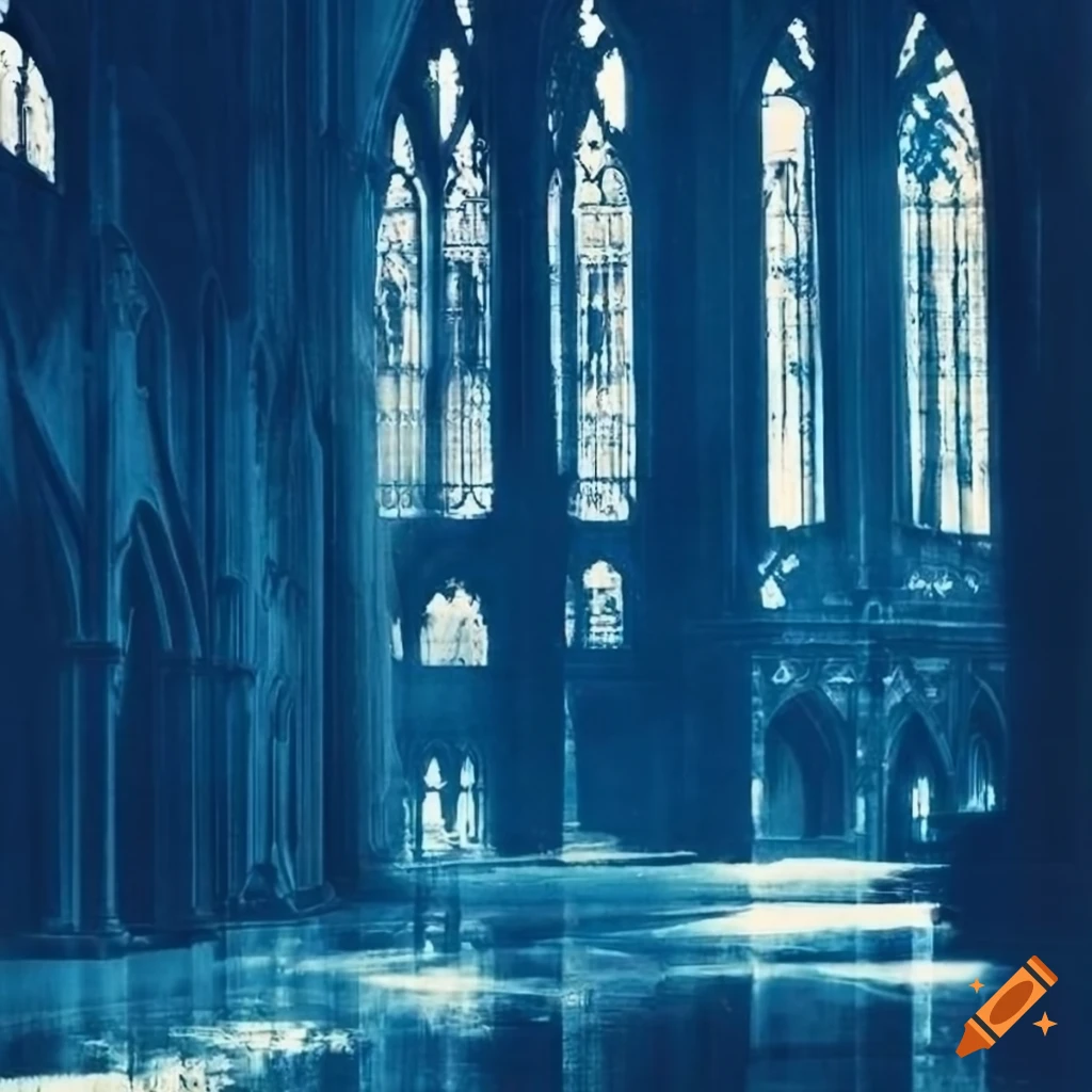 Cyanotype of flooded gothic cathedral interior