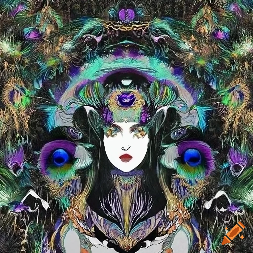 Surrealist portrait of a woman with feather adornments on Craiyon