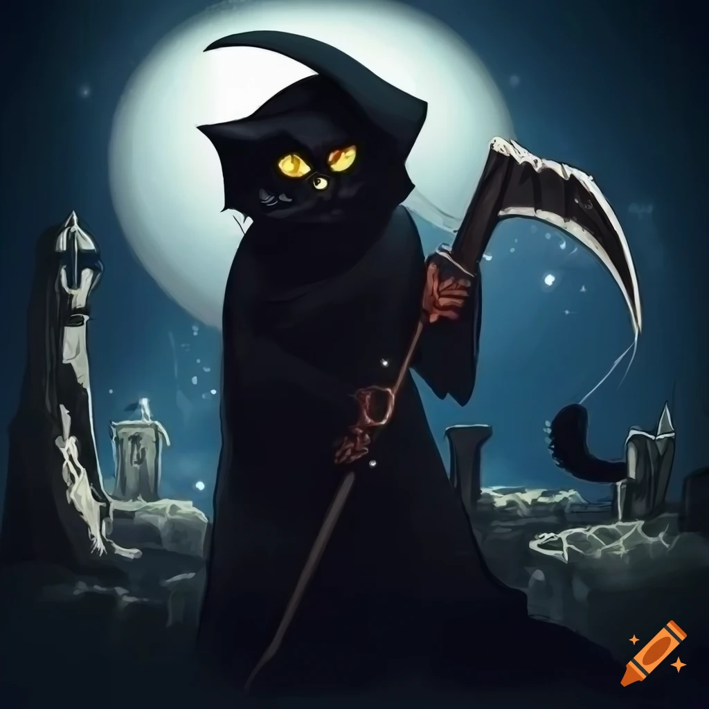 Detailed illustration of a black cat as the grim reaper in a graveyard ...