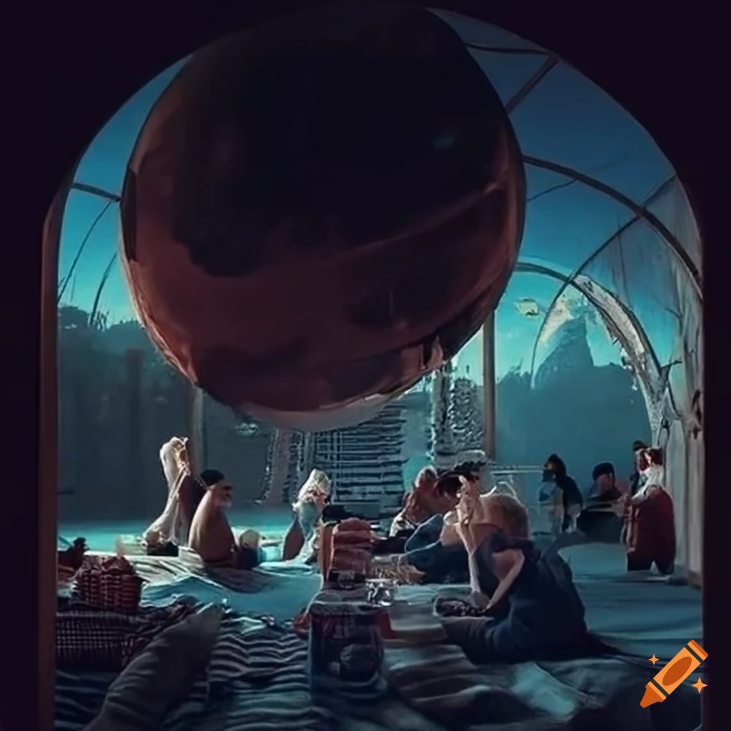 Surreal image of people having a picnic inside a space station on Craiyon