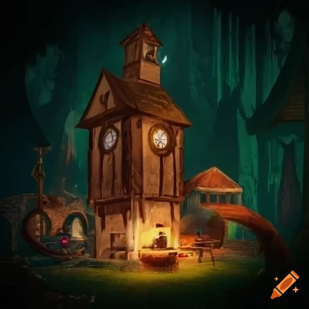 Whimsical village tavern near a clock tower