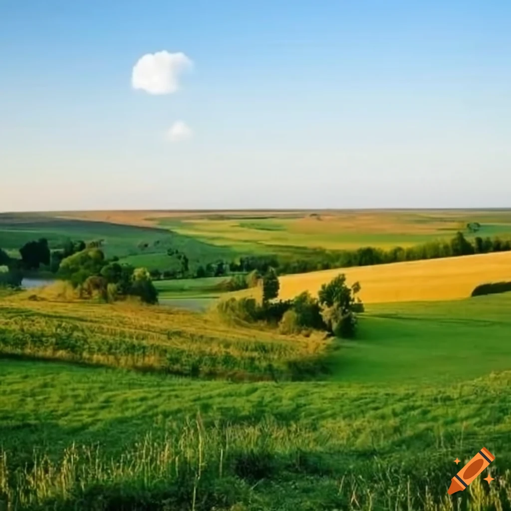 Vue sur une prairie verdoyante avec un village en arrière-plan on Craiyon