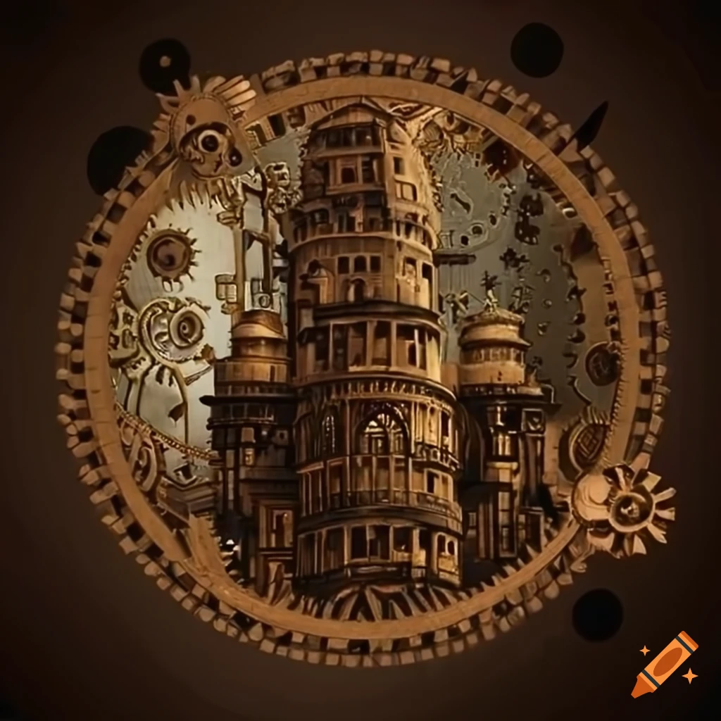 Impressive steampunk metropolis with gears and clockwork on Craiyon