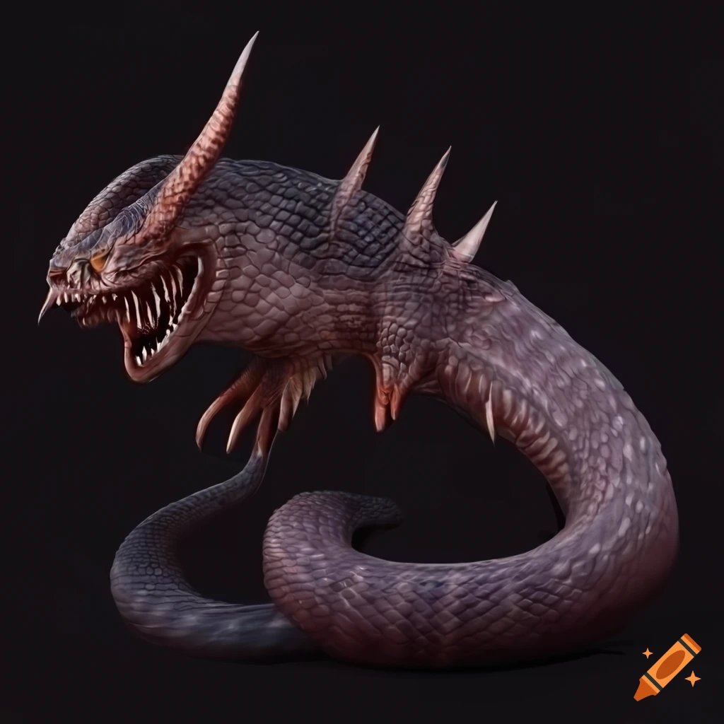 Illustration of a godzilla-like snake creature on Craiyon