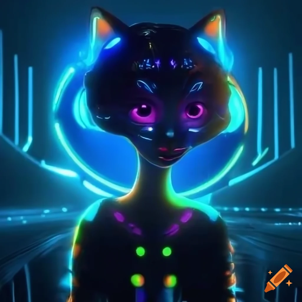 Futuristic artwork of alice and cheshire cat in a colorful tron-like world