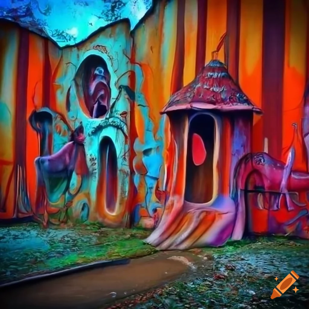 Surrealist circus with graffiti and ornamental fence