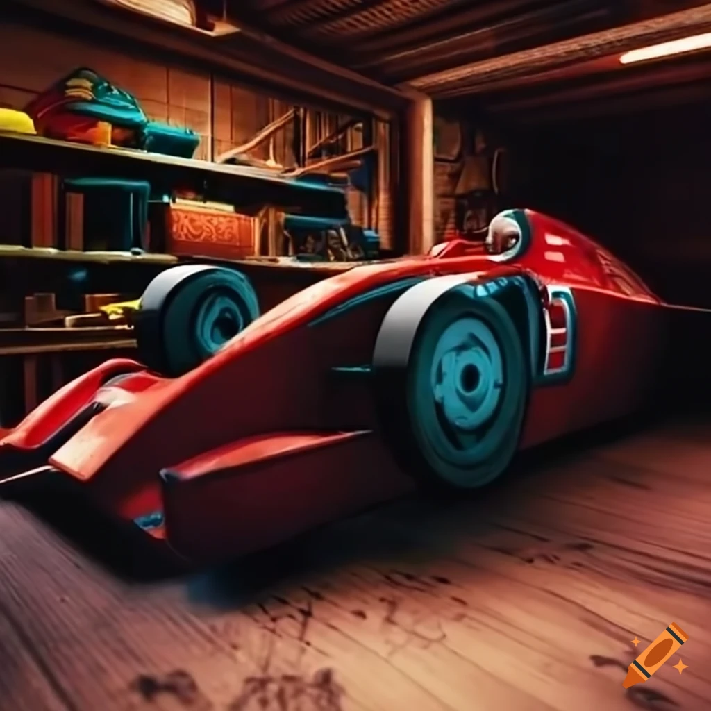 Simulation racing game in a shed on Craiyon