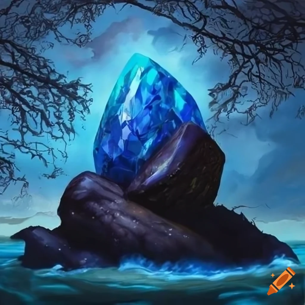 Epic landscape with a blue sapphire crystal on a rock on Craiyon