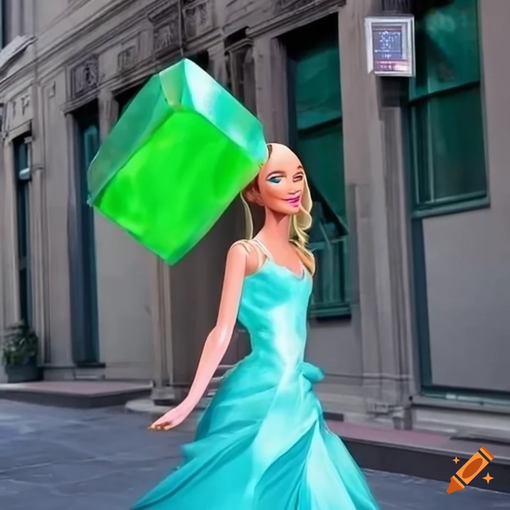 Emma dancing in a cyan barbie dress with a giant emerald