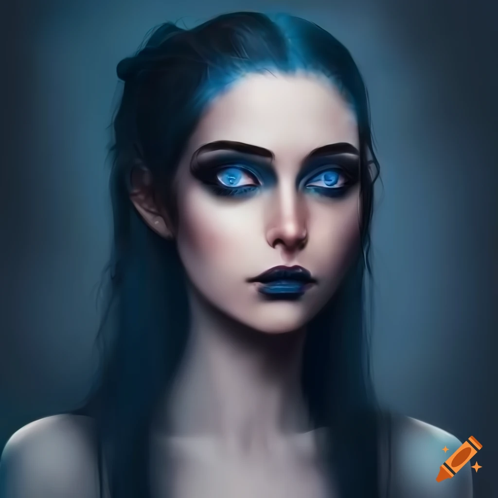 Portrait Of A Young Woman With Blue Hair In A Dark And Mystical Setting