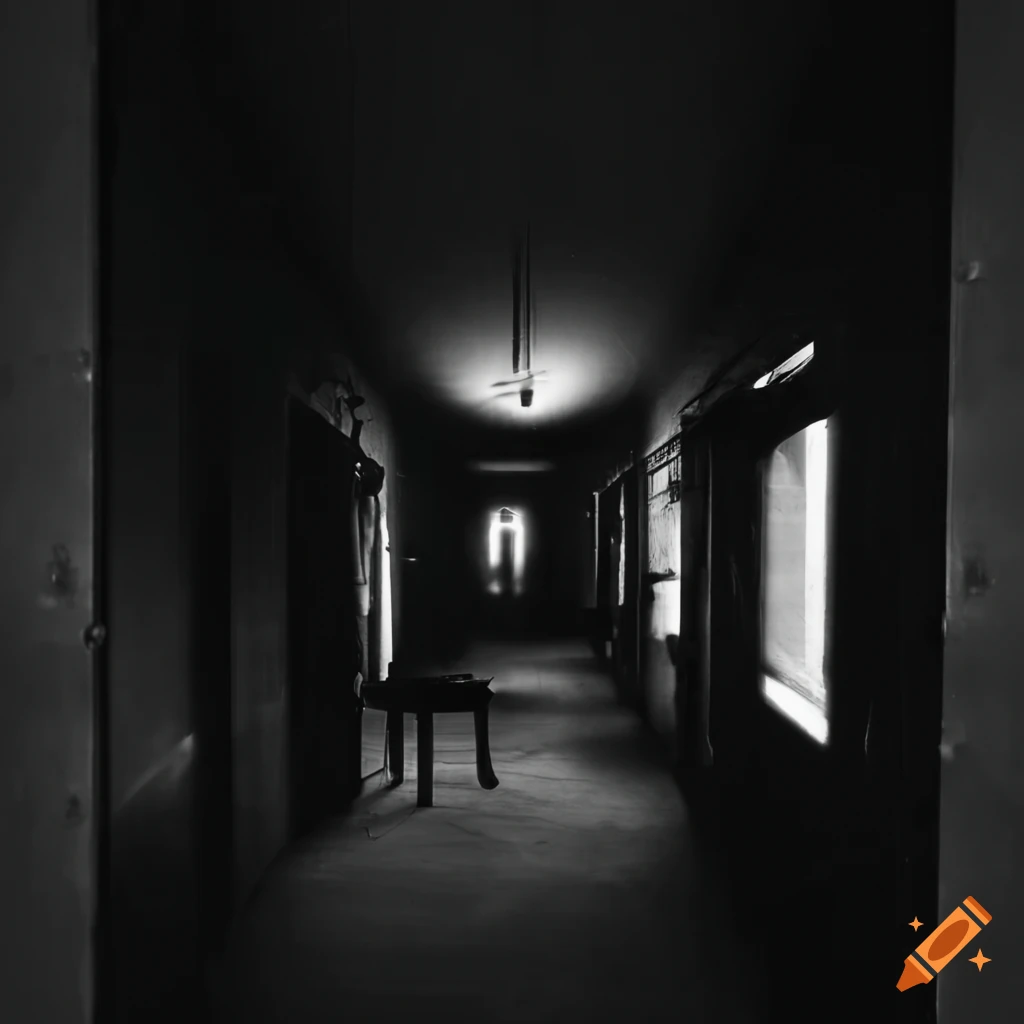 Realistic black and white photograph of a 1940s office hallway on Craiyon