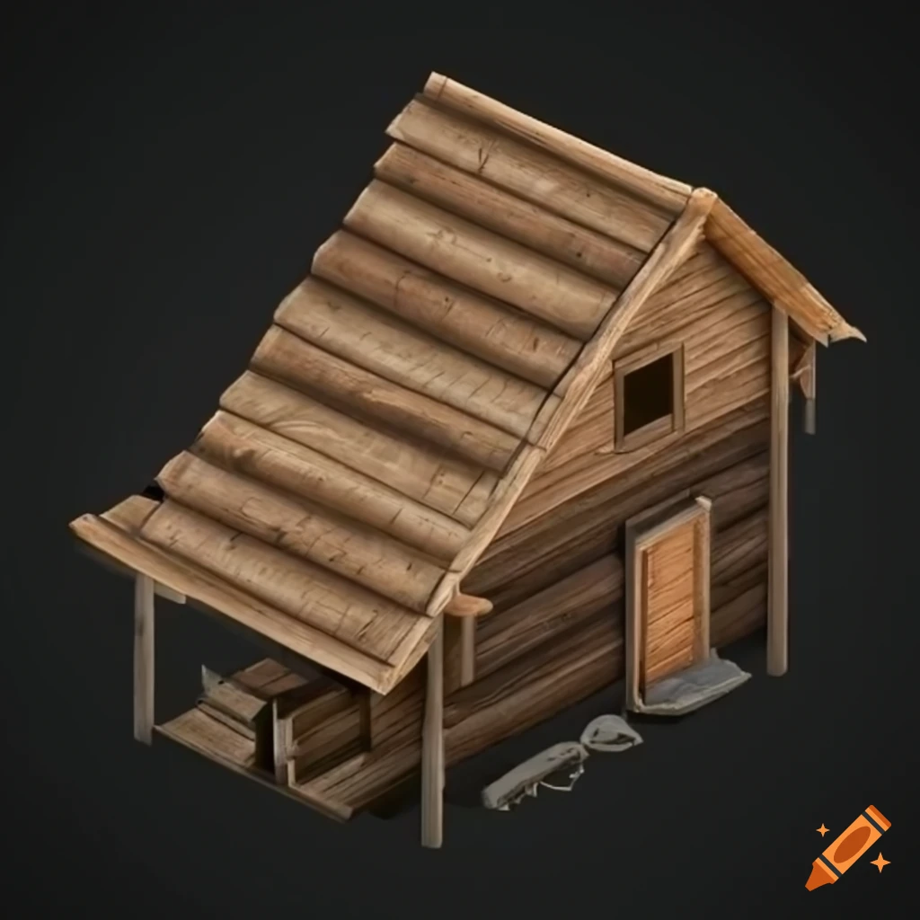 Isometric view of a realistic wooden hut