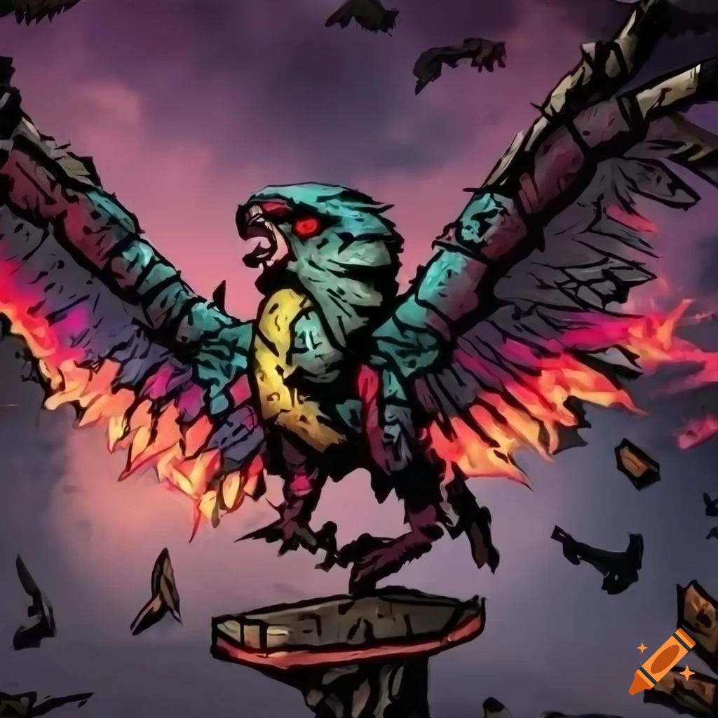 Colorful fantasy artwork of a feathered raptor in dark background on ...