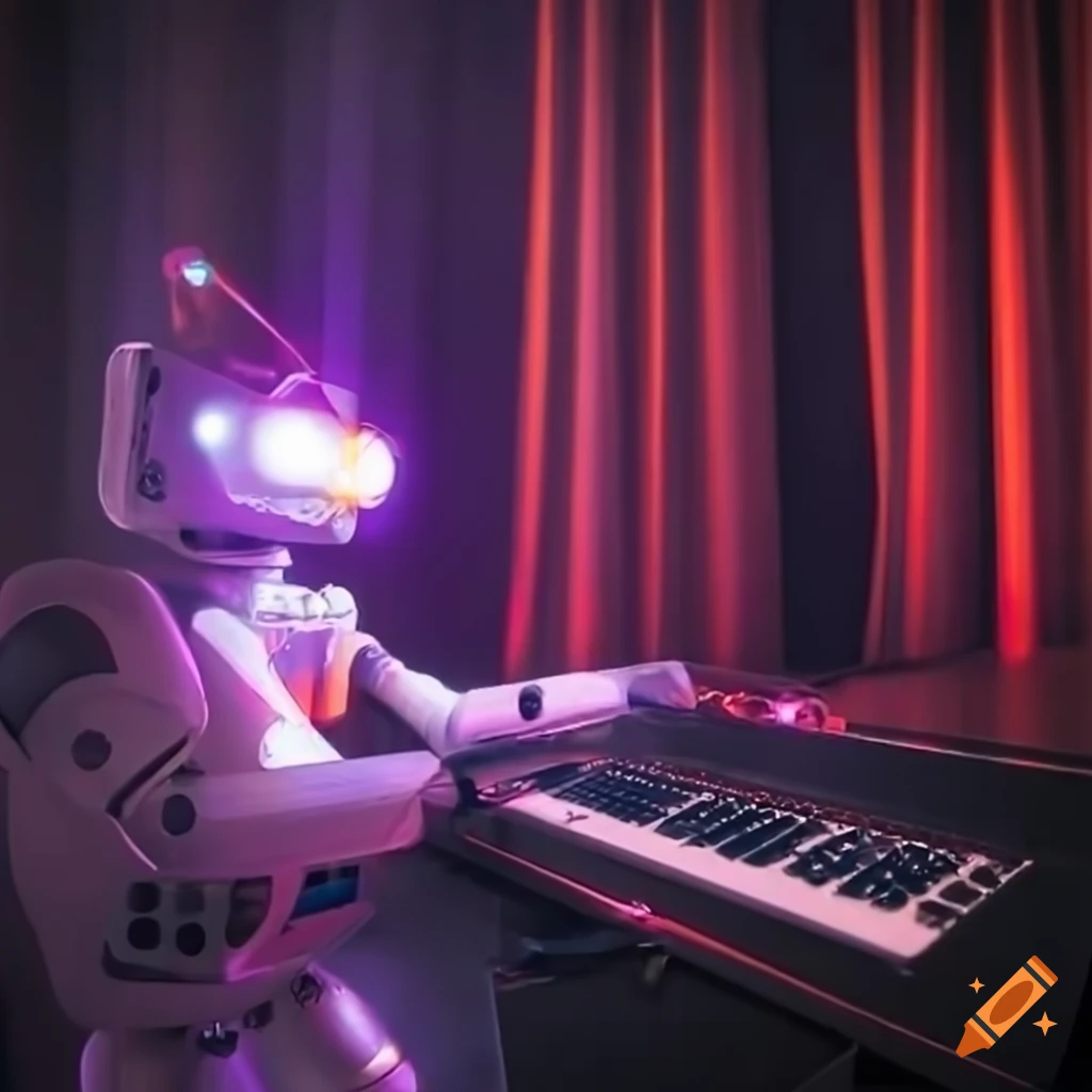Robot playing keyboard in front of a curtain with laser lights on Craiyon