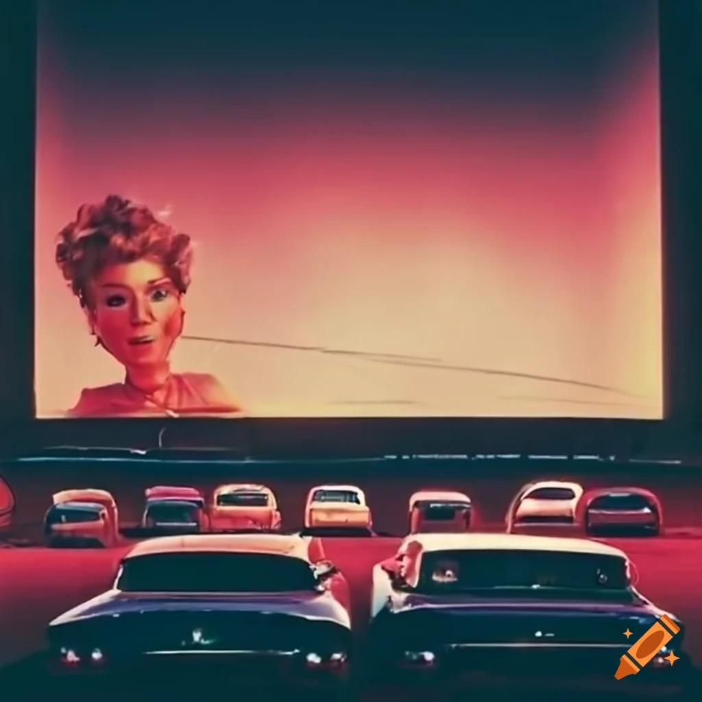 Nighttime drive-in theater scene from the 1960's on Craiyon