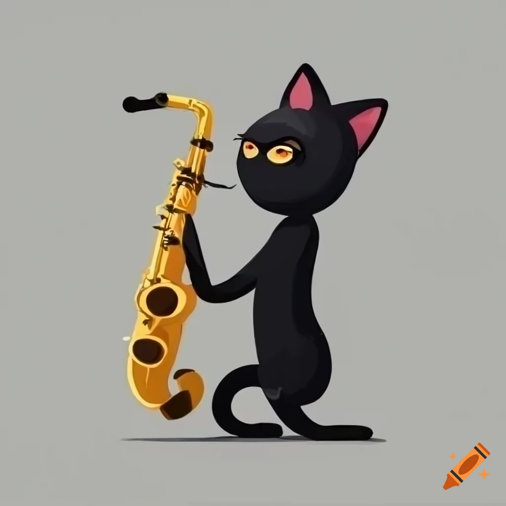 Cartoon black cat playing the saxophone on Craiyon