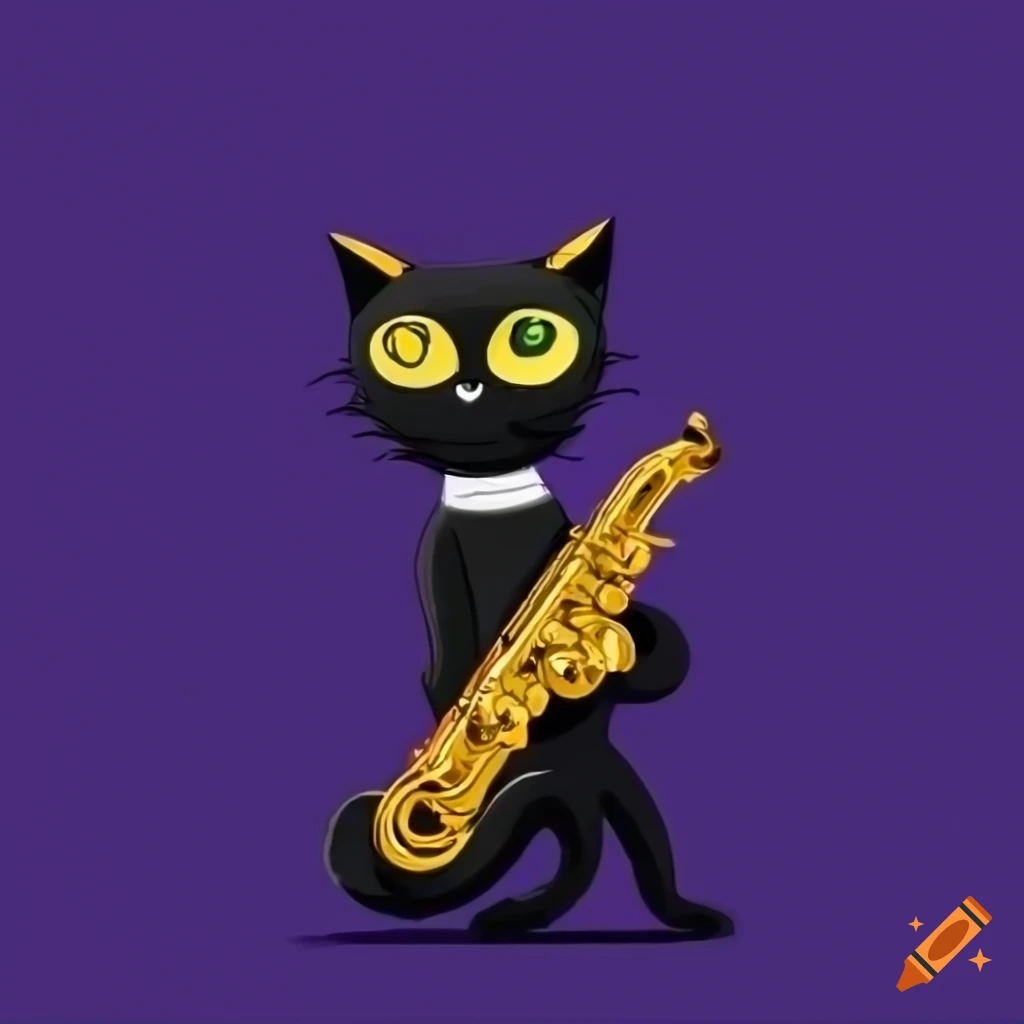 Cartoon black cat playing saxophone