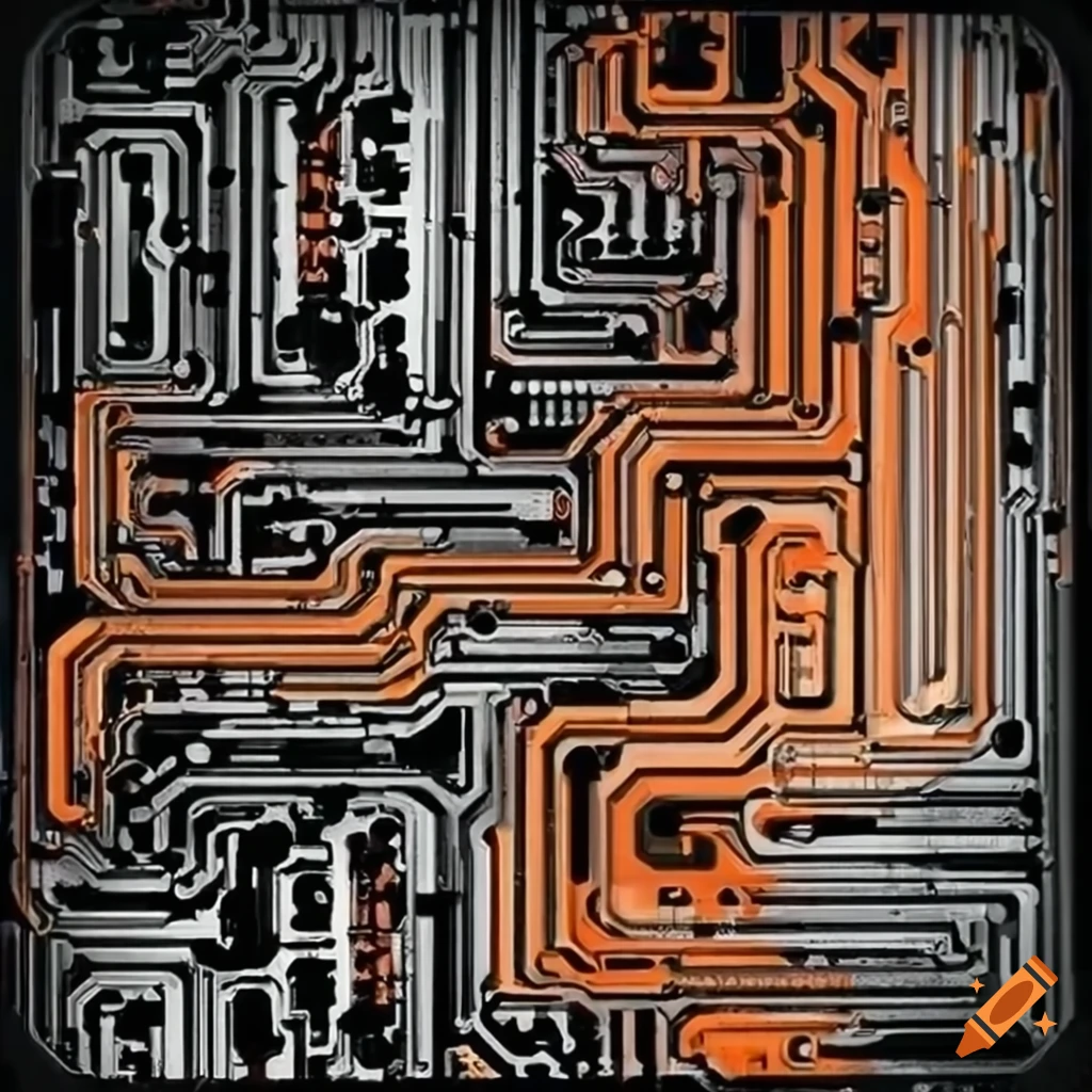 Abstract printed circuit board artwork in black and orange on Craiyon