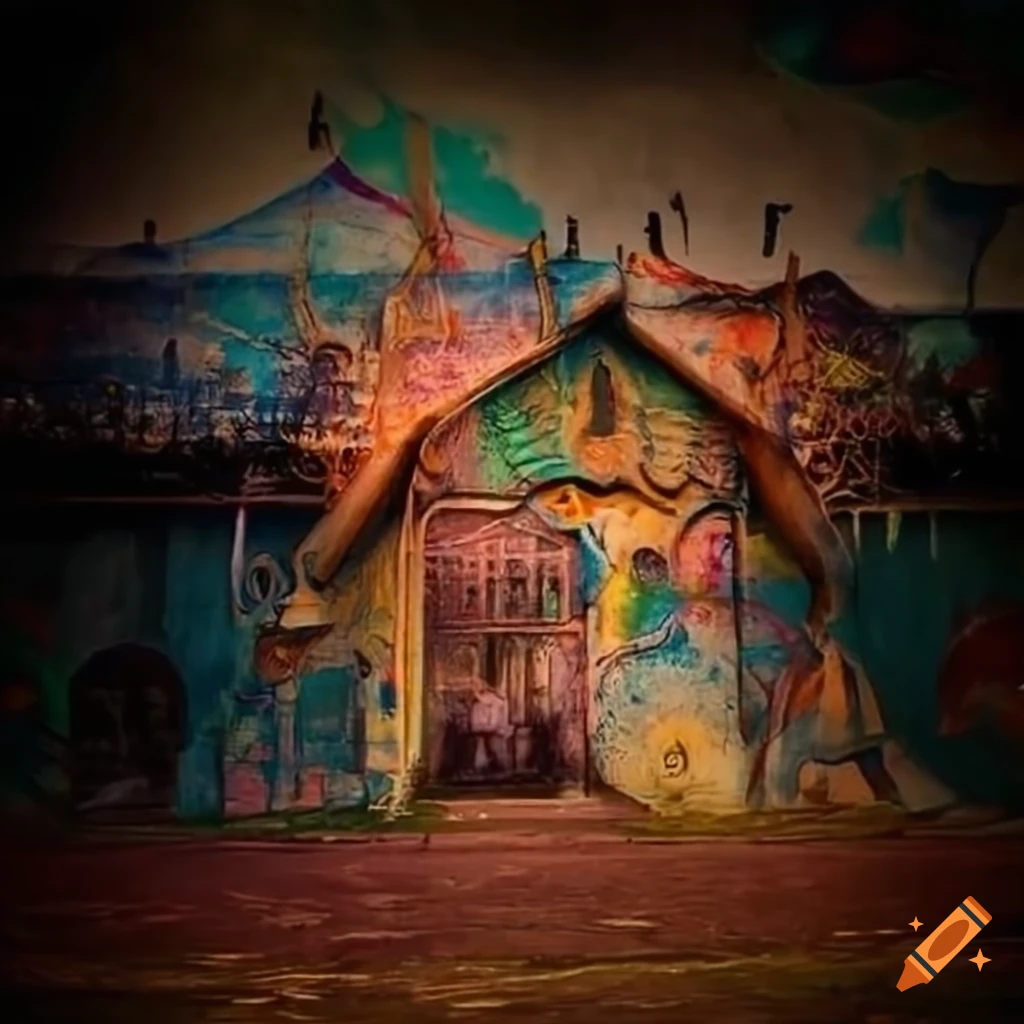 Surrealist circus park with graffiti and hybrid creatures on Craiyon