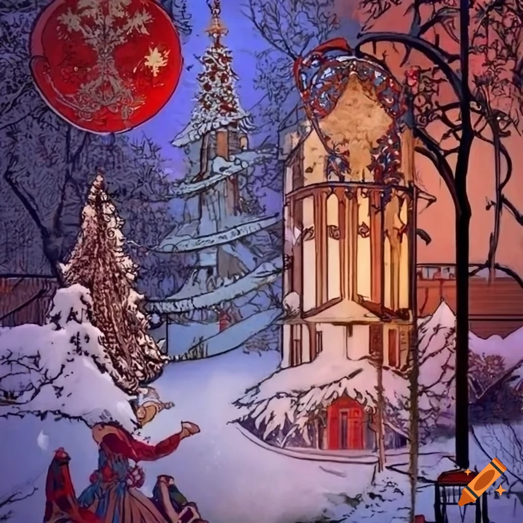 Christmas landscape in orientalist alphonse mucha style