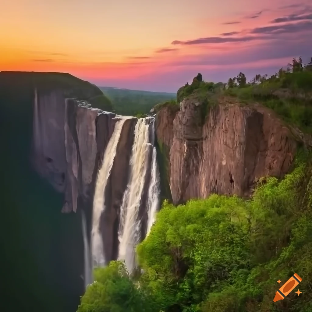 Sunset view of a tall waterfall flowing from cliffs on Craiyon