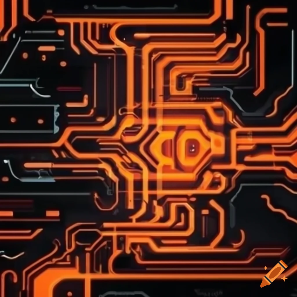 Abstract artwork of glowing orange circuit boards on Craiyon