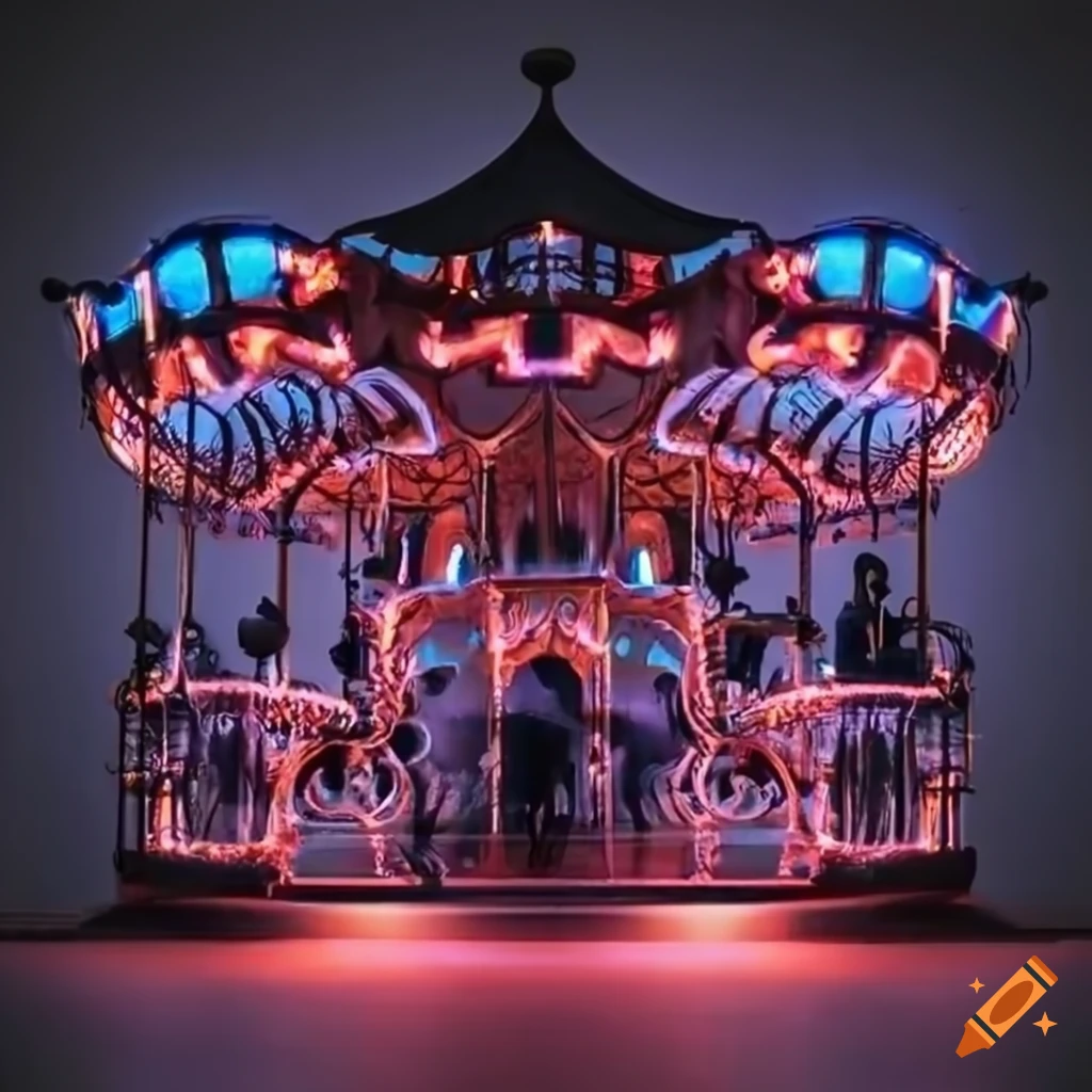 Neon-lit carousel at night on Craiyon