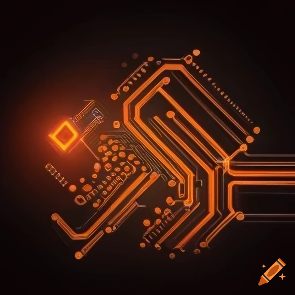 Abstract artwork of glowing circuit boards and microchips
