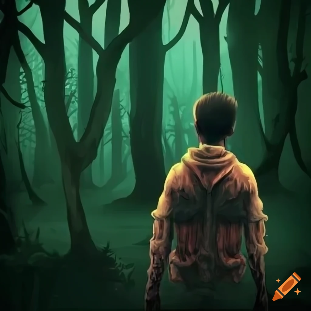 Horror-themed image of a man in the forest