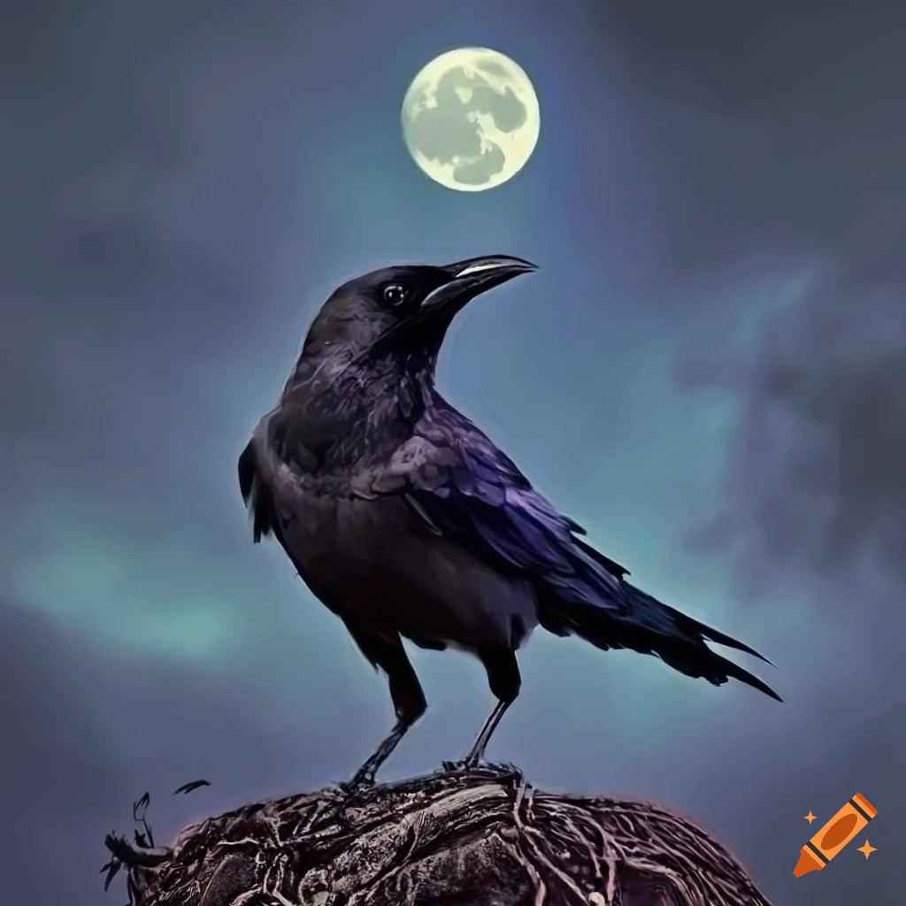 Artistic depiction of a crow under a moonlit sky on Craiyon