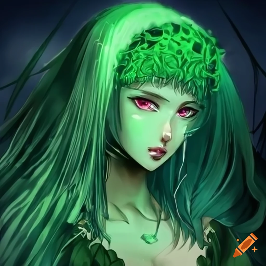 Anime art of a beautiful green female character