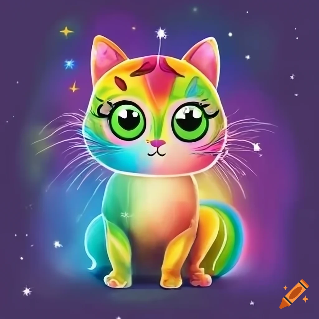 Cartoon image of a happy rainbow cat on Craiyon