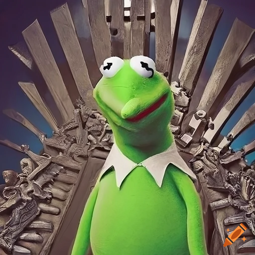 Kermit the frog sitting on the iron throne