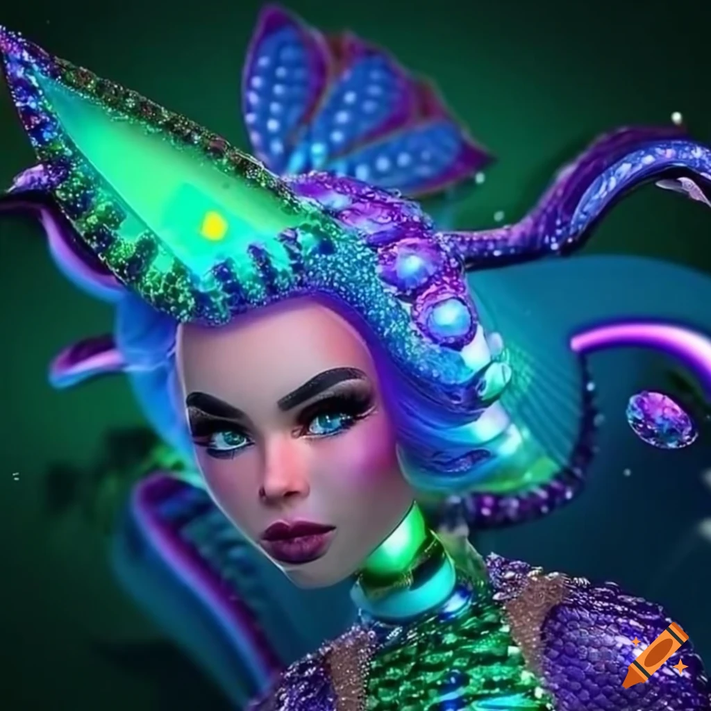 Hyper-realistic artwork of a mermaid with emerald and diamond scales on ...