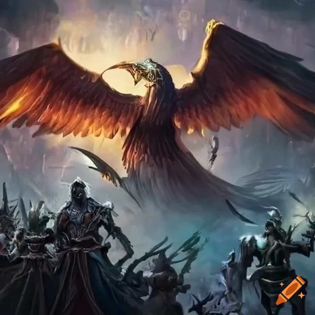 Image of a phoenix leading an undead army on Craiyon