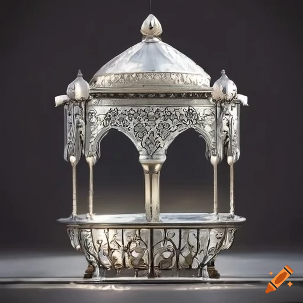 Ornamental islamic gazebo with a silver fountain on Craiyon