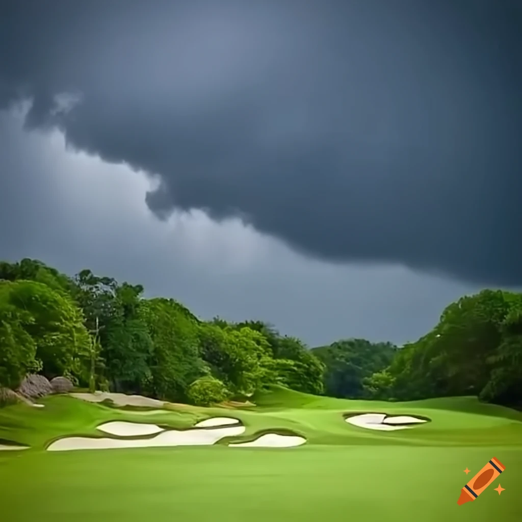Tropical island golf course with storm approaching