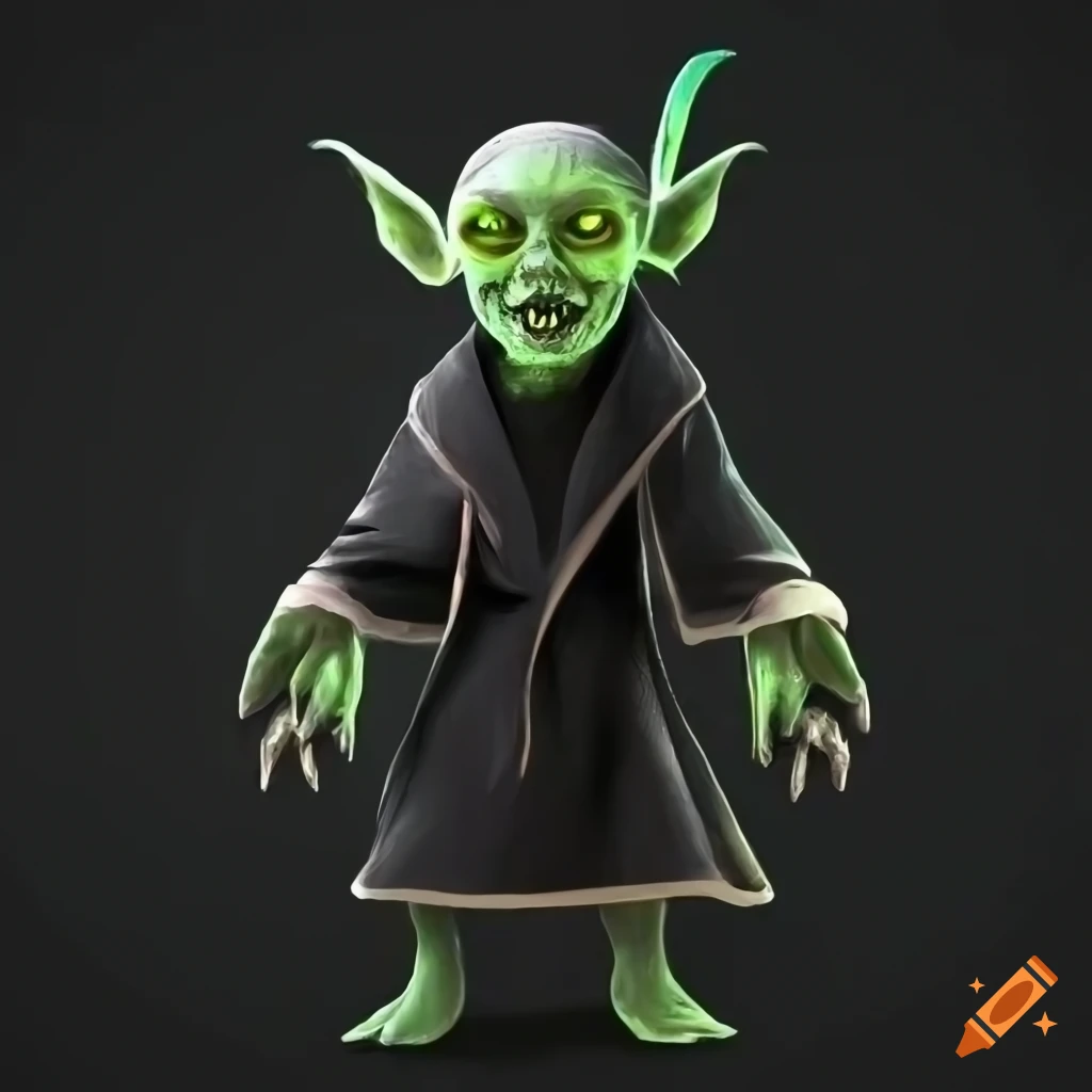 Dark art of a glowing-eyed goblin in black robe on Craiyon