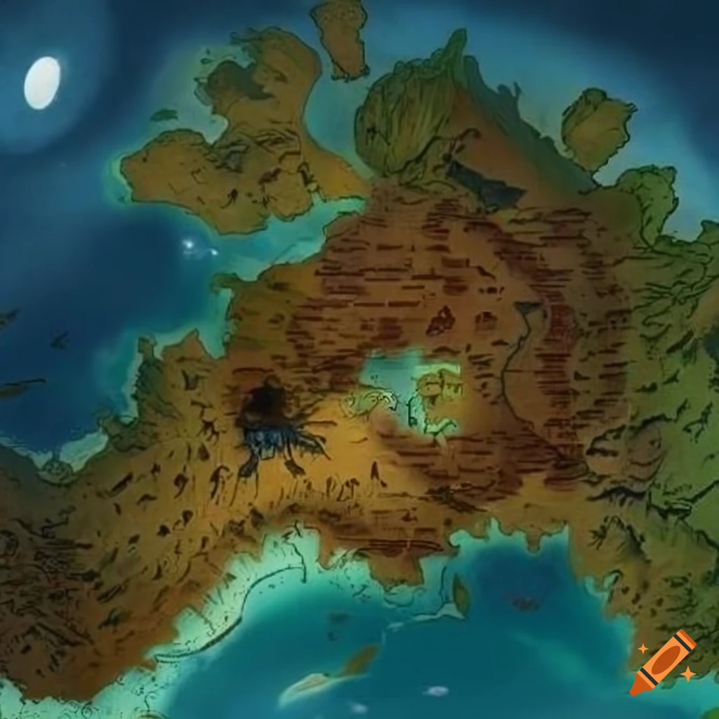 Fantasy map with circular mountain range and villages on Craiyon