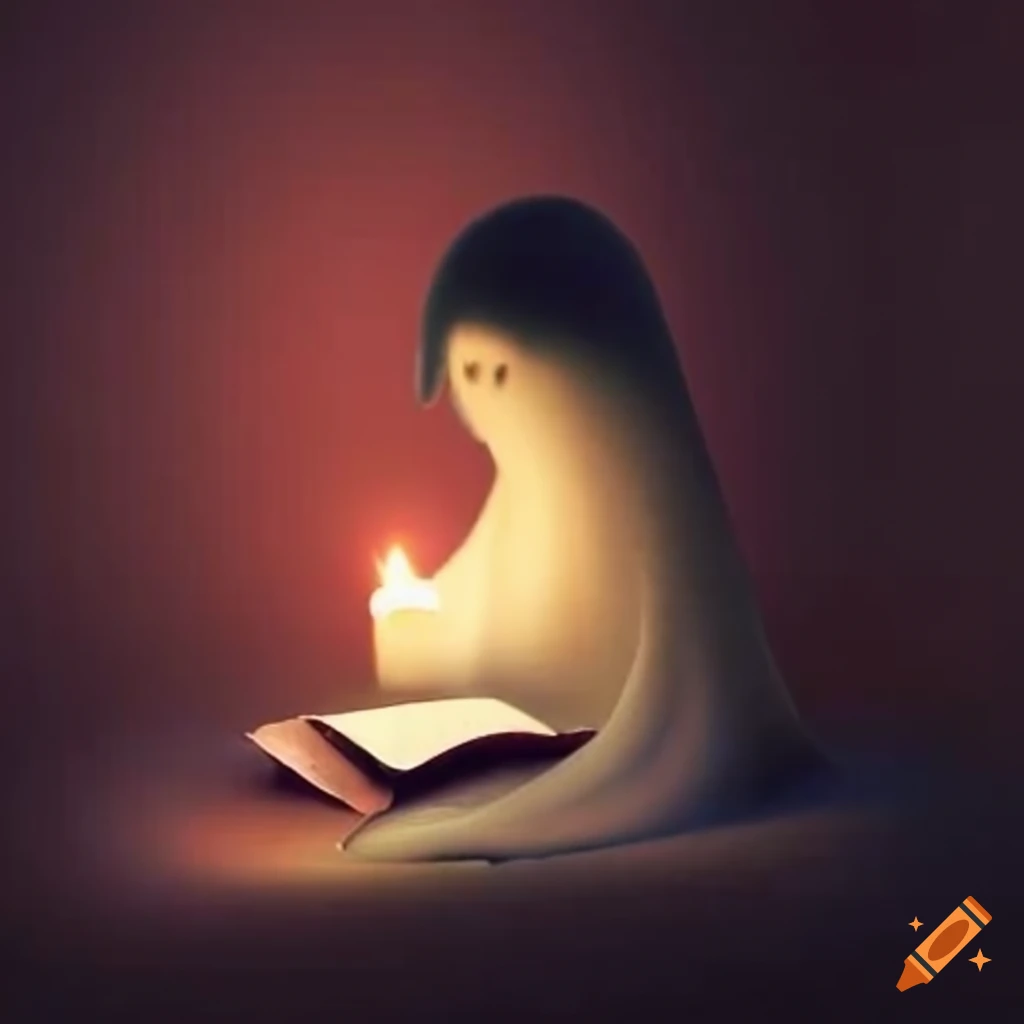 Vintage-style image of a ghost reading a book by candlelight