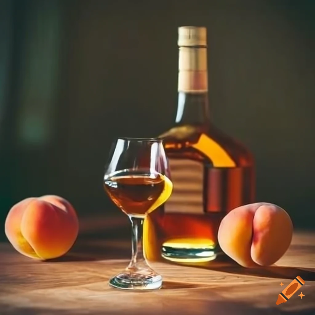 Traditional hungarian palinka with apricots on wooden barrel on Craiyon