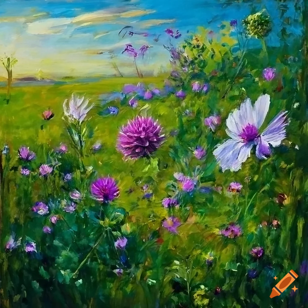 Enchanting oil painting of a summer meadow with wildflowers on Craiyon