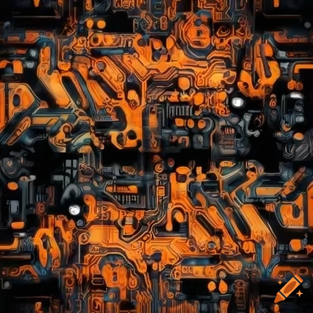 Abstract printed circuit board artwork in black and orange on Craiyon