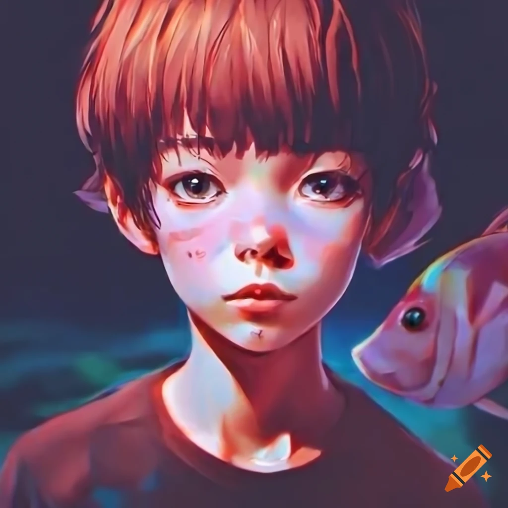 Yuumei-inspired anime boy surrounded by fish on Craiyon
