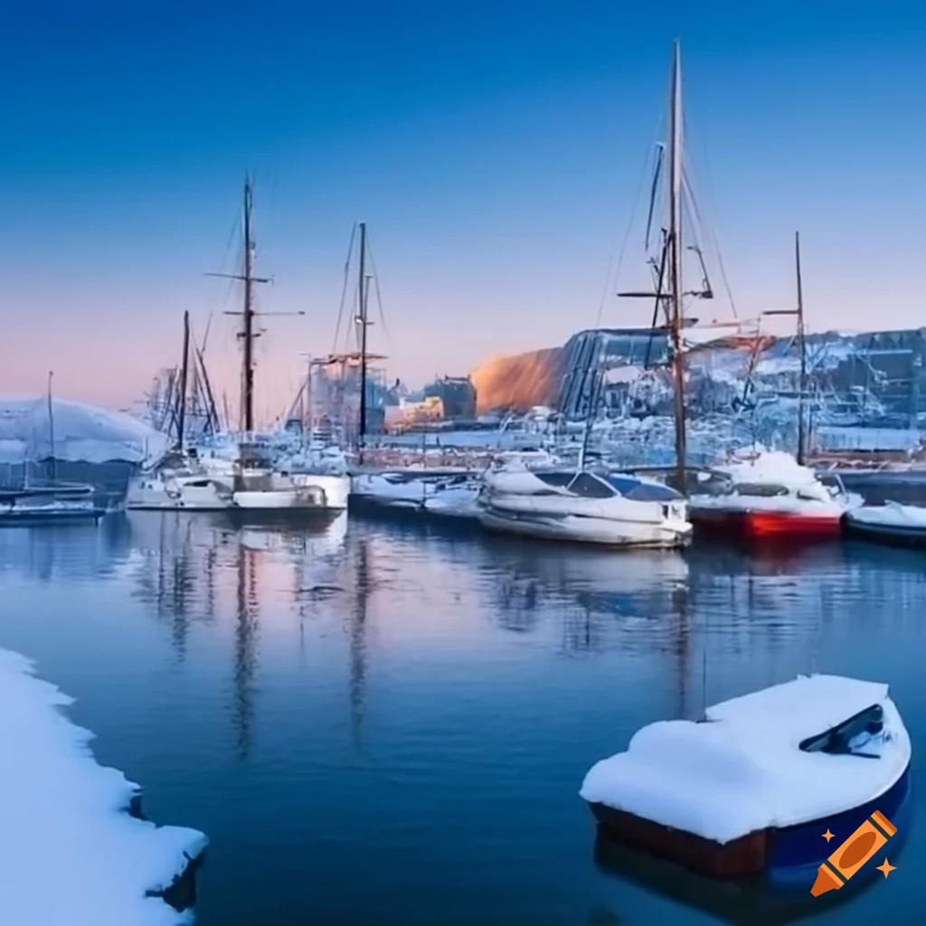 Snow-covered harbour with yachts moored on Craiyon