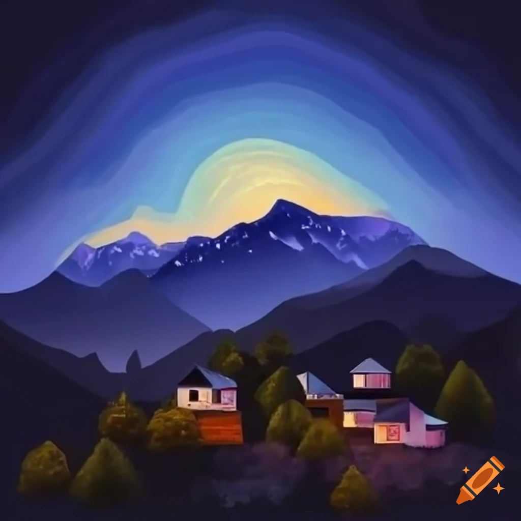 Village nestled between two mountains under starry sky on Craiyon