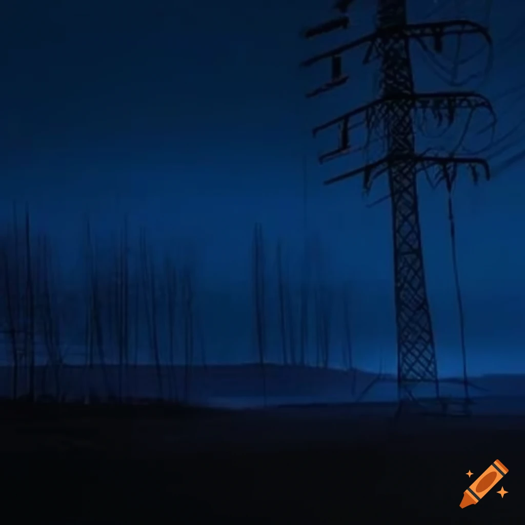 Night view of power lines and northern lights