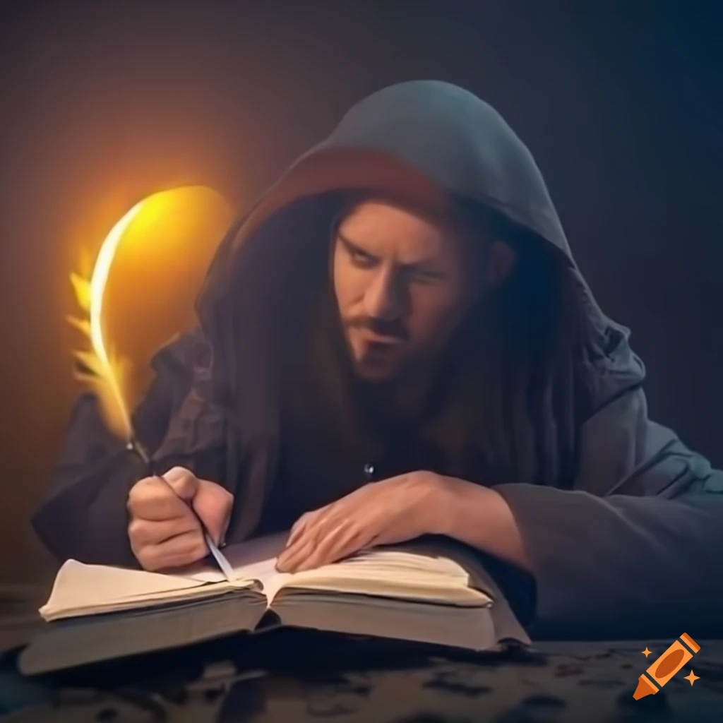 Fantasy adventurer writing in a book with a glowing quill on Craiyon