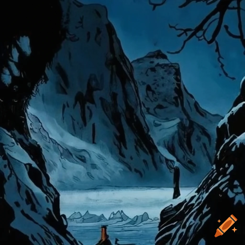 Swiss mountain valley scene from noir graphic novel