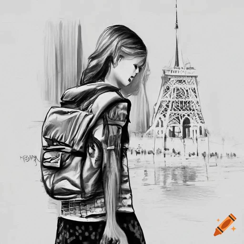 Une fille marchant vers la campagne avec la ville de paris en arrière-plan